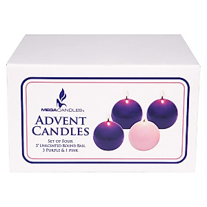 Mega Candles 4 pcs Unscented Christmas Advent Round Ball Candle, Hand Poured Premium Wax Candles 3 Inch Diameter, Holidays, Church, Decorations, Devotional, Celebration, Party & More