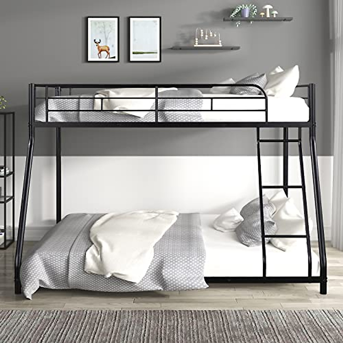 Lostcat Metal Bunk Bed Twin Over Full Size,Heavy Duty Low Bunkbeds with Ladder & Safety Guard Rails,for Kids Teens Adults,Space Saving & No Box Spring Need,Black