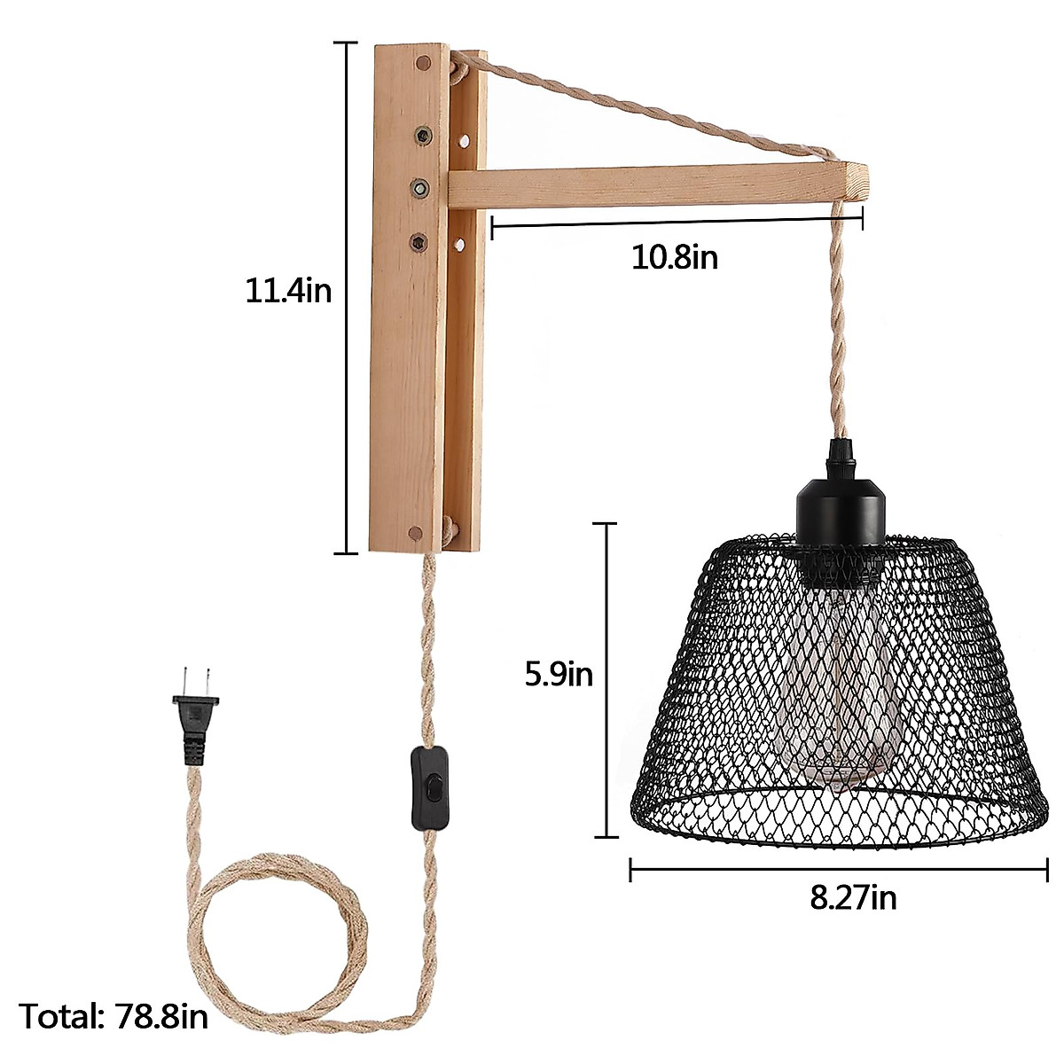 Modxian Farmhouse Plug in Wall Sconces Set of 2 Wood Wall Mounted Light with Plug in Cord Wall Lamp with Wire Cage Shade Rustic Adjustable for Bedroom Living Room Hallway Entrance E26