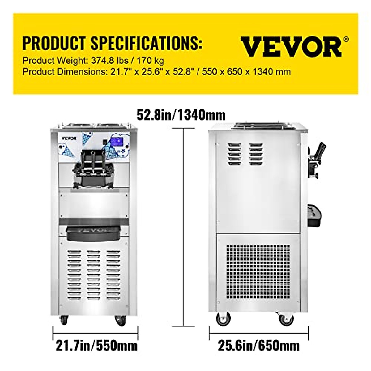 VEVOR Commercial Ice Cream Machine with Two 12L Hoppers Soft Serve Machine with 3 Flavors Commercial Ice Cream Maker 2500W Compressor Soft Ice Cream Machine with LCD Panel for Restaurants Snack Bar