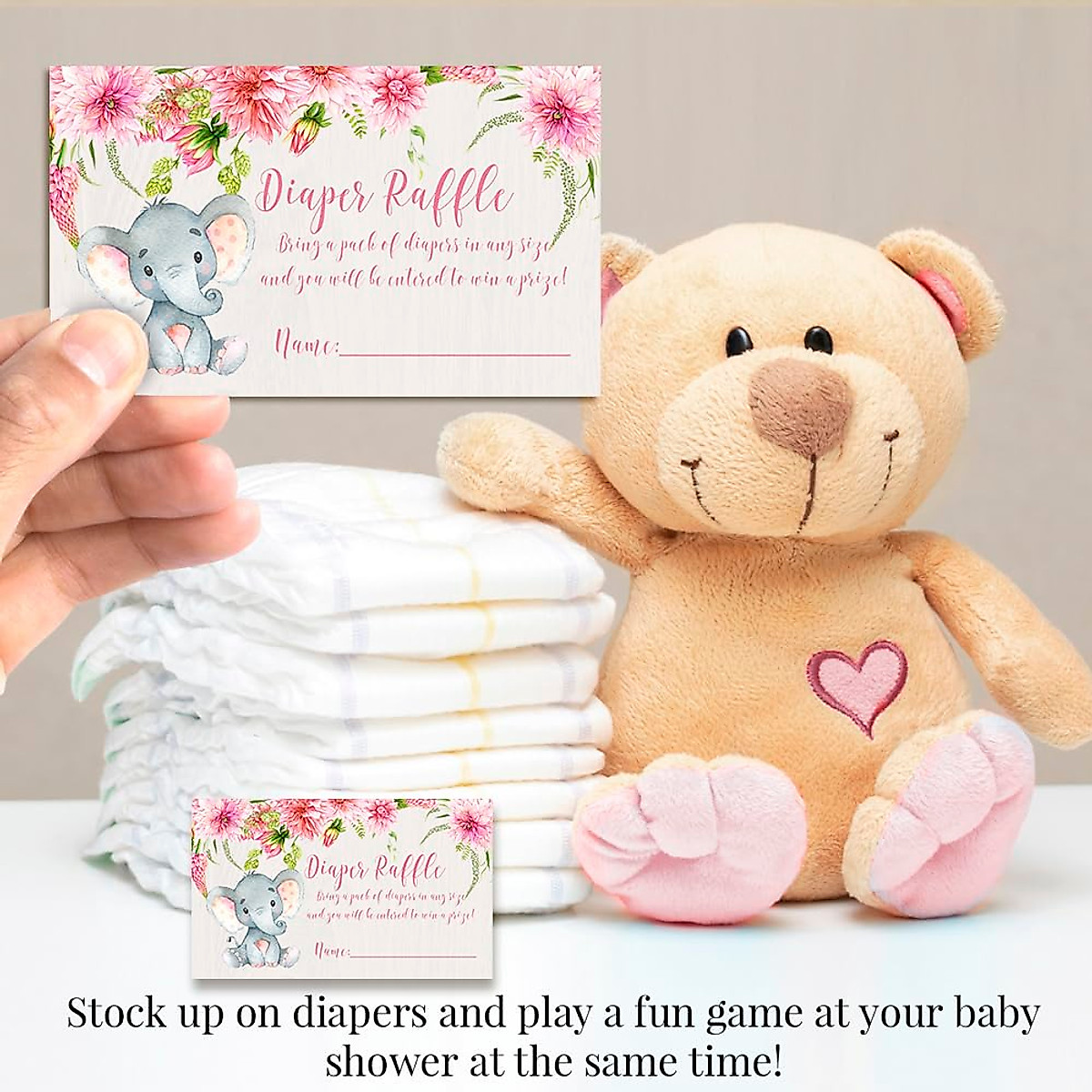 Amanda Creation Watercolor Dahlia Floral Elephant Diaper Raffle Tickets for Girl Baby Showers, 20 2" X 3” Double Sided Inserts, Bring a Pack of Diapers to Win Favors & Prizes!