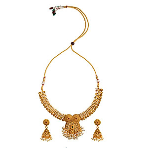 Bodha Traditional Indian Handcrafted Antique Gold Jewellery Clustered Hanging Pearls Necklace Set with Jhumki Earrings for Women & Girls (SJN_77)