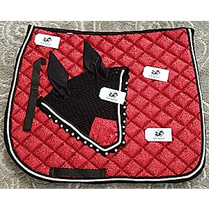 Glittery Shine Horse English Saddle Pad Set with Matching Fly Bonnet Set Ear Net Fly Veil (Rose Gold)