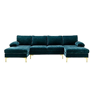 U Shape Sectional Sofa Couch, Modern 110'' Convertible Sectional Sofa, Upholstered Chenille Fabric 4-Seat Couch Sofa Bed with Golden Metal Legs for Living Room, Apartment, Office, Teal Blue