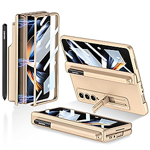 SHIEID Samsung Z Fold 3 Case, Galaxy Z Fold 3 Case with Hinge Protection S Pen Holder Kickstand & Built in Screen Protector Case Cover Fit Samsung Galaxy Z Fold3 Case, Champagne Gold