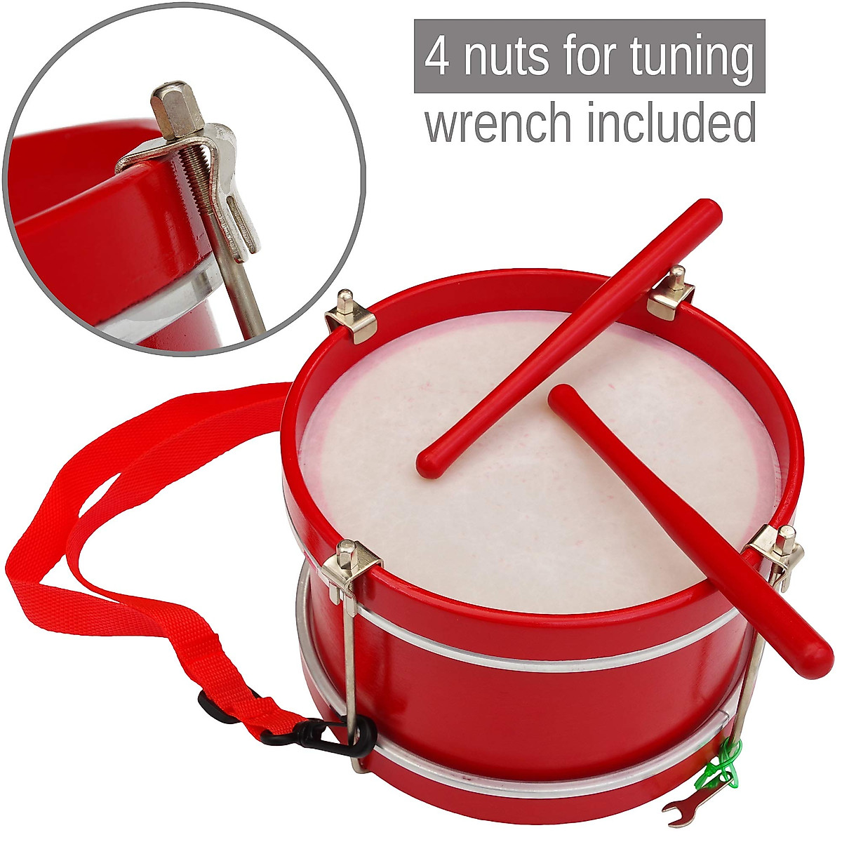 Tunable Marching Drum for Kids - Wooden Frame - Plastic Head, Wood Sticks - Adjustable Strap - 9-inch Snare Drum for Children