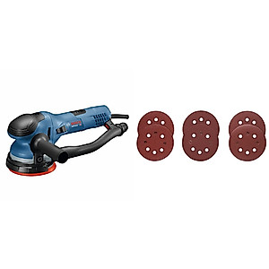 BOSCH GET65-5N 5 In. Dual-Mode Random Orbit Sander&BOSCH SR5R000 6-Piece Assortment 5 In. 8 Hole Hook-And-Loop Sanding Discs