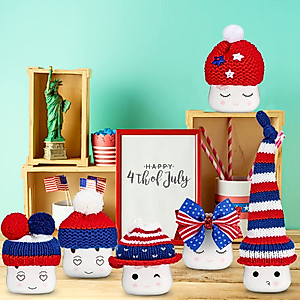 6 Pieces 4th of July Marshmallow Mug Hat Crochet Independence Day Mug Topper Hat Knitted Cup Head Mug Set Mini Marshmallow Mug Topper Decorative Mug Hat Cover for Coffee Mug Tiered Tray Decor