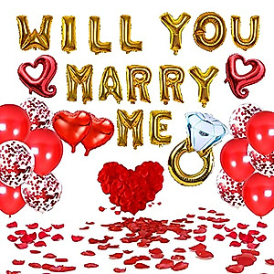 Will You Marry Me Decorations Balloon Gold – Wedding Proposal Decorations Idea – Will You Marry Me Sign Banner – Diamond Ring Engagement Balloon – Rose Petals Heart Shaped Balloons for Valentines