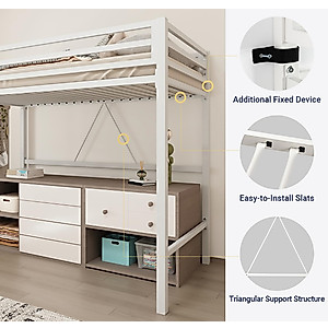 Allewie Metal Loft Bed Twin Size with Full Length Guardrail, Space-Saving Design for Dorm, No Box Spring Needed, Matte White