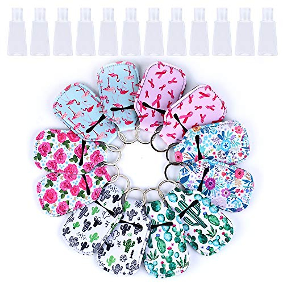 24 Pieces Travel Bottle Keychain Holder Set, 12 Pcs 30ml Empty Plastic Bottle 12 Pcs Colorful Keychain Holders, for Soap, Lotion, and Liquids, Kids Men Women Flip Cap Reusable Beauty Bottle