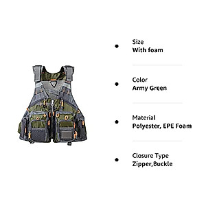 Fly Fishing Vest, Fishing Safety Life Jacket for Swimming Sailing Boating Kayak Floating Multifunction Breathable Backpack for Men and Women Vest/Kayak (Army Green, with Foam)