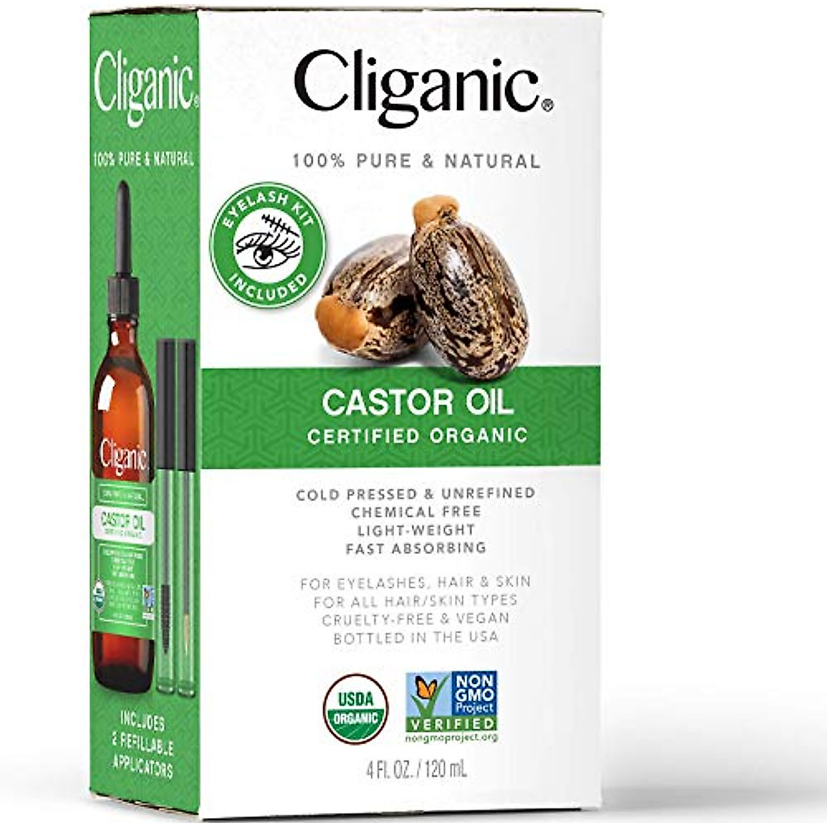 Cliganic Organic Castor Oil, 100% Pure (4oz with Eyelash Kit) - For Eyelashes, Eyebrows, Hair & Skin