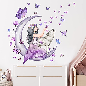 Fairy Girl Wall Sticker Purple Butterfly Flowers Wall Decals DIY Moon Wolf Wall Stickers Falling Floral Petals Wall Mural Removable Waterproof Wall Decor for Nursery Girl Bedroom