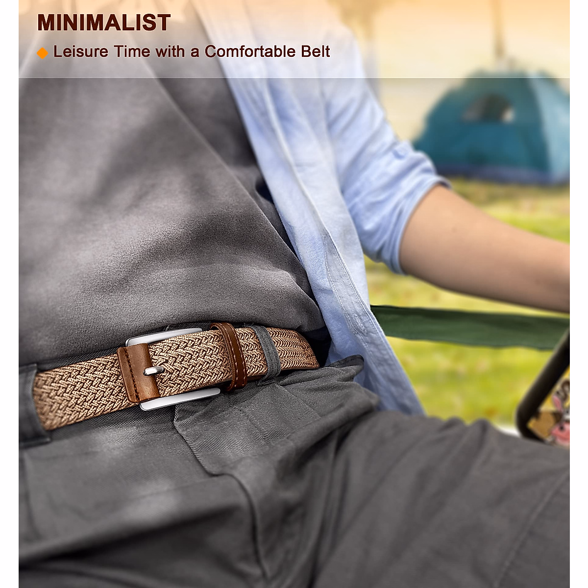 BULLIANT Stretch Belt Men,Mens Gift Woven Braided Web Belt 1 3/8 for Golf Casual Pants Shirts Jeans(Beige,46"-50" Waist Adjustable)