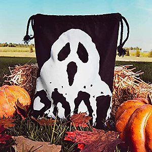 Halloween Trick or Treat Candy Bags | Washable Canvas Tote Bag | Drawstring Bag for Halloween Candy | Ghost & Spider House Bags