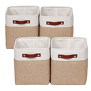 Jossens 11 Inch Fabric Baskets with Leather Handles,Foldable Cubes Storage Bins Set of 4 for Cube Organizer Home Toy Nursery Closet Bedroom(Khaki)