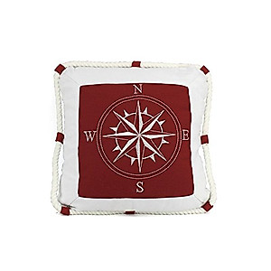 Hampton Nautical Compass with Rope Decorative Thrown Bedroom Beach House Pillow, 16", Red