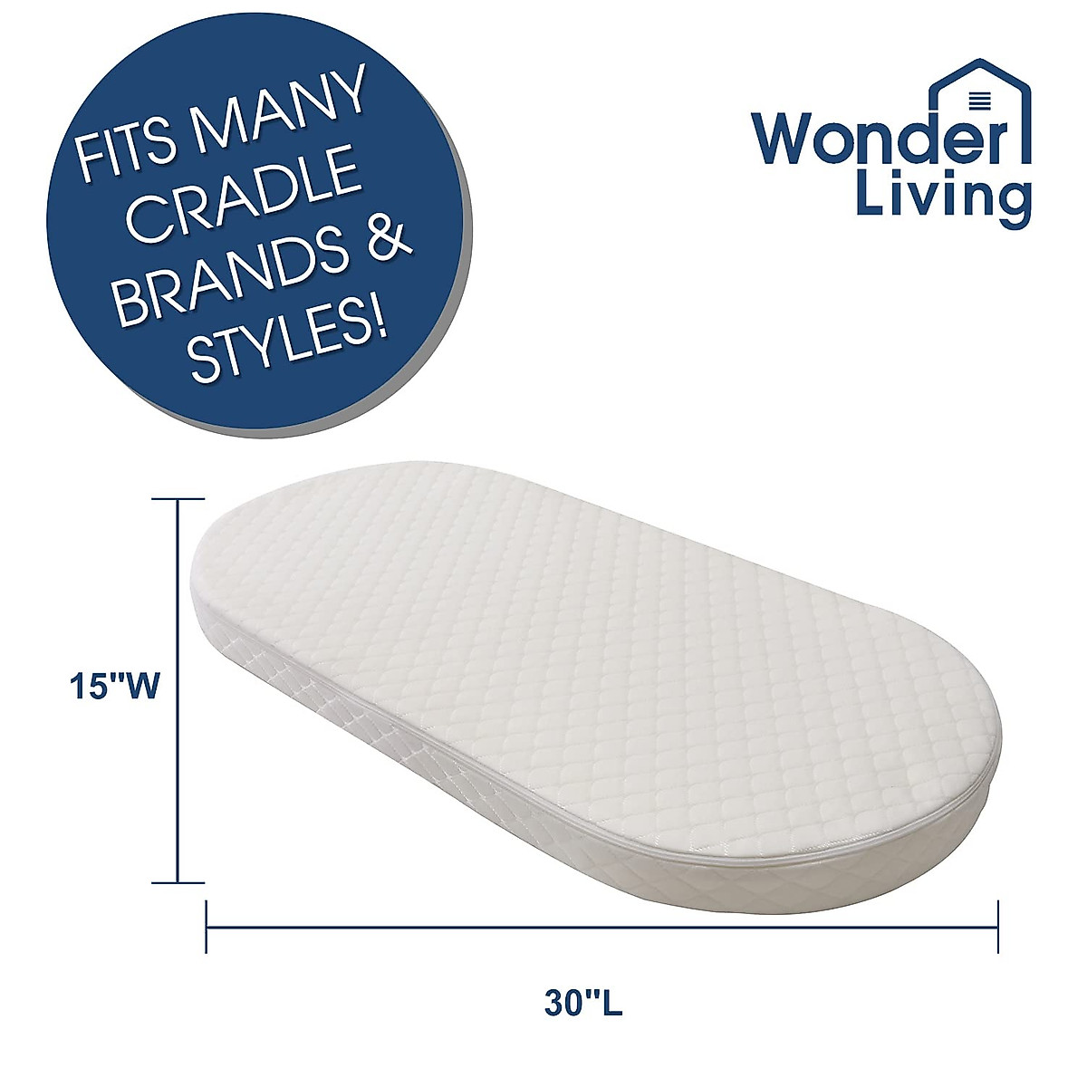 Wonder Living Baby Bassinet Mattress with Removal Waterproof Cover, Breathable, Hypoallergenic, Non-Toxic, Oval Shaped, Fits Portable Bassinets, 15" x 30"