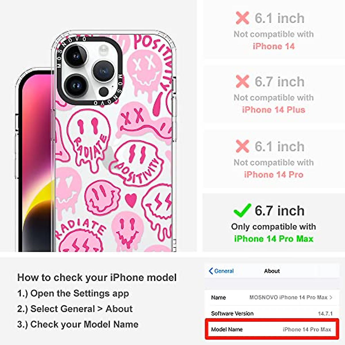 MOSNOVO Compatible with iPhone 14 Pro Max Case, [Buffertech 6.6 ft Drop Impact] [Anti Peel Off Tech] Clear TPU Bumper Phone Case Cover Pink Smiles Face Designed for iPhone 14 Pro Max 6.7"