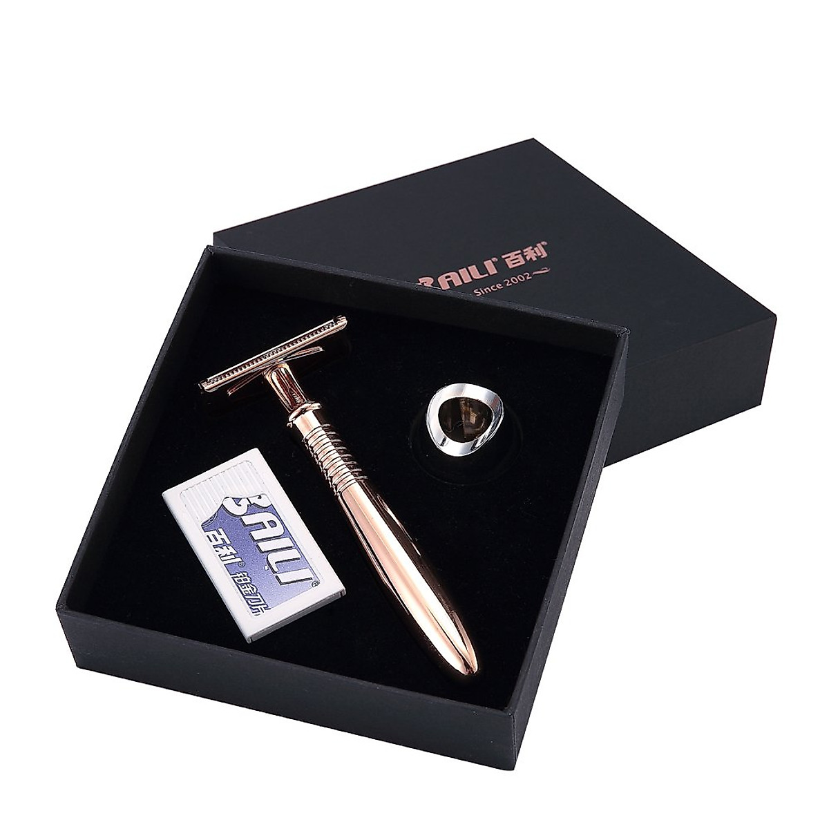 BAILI 3-Piece Double Edge Safety Razor Long Handle Wet Shaving for Men Women with 5 Platinum Blades and Stand Rose Gold BD193G