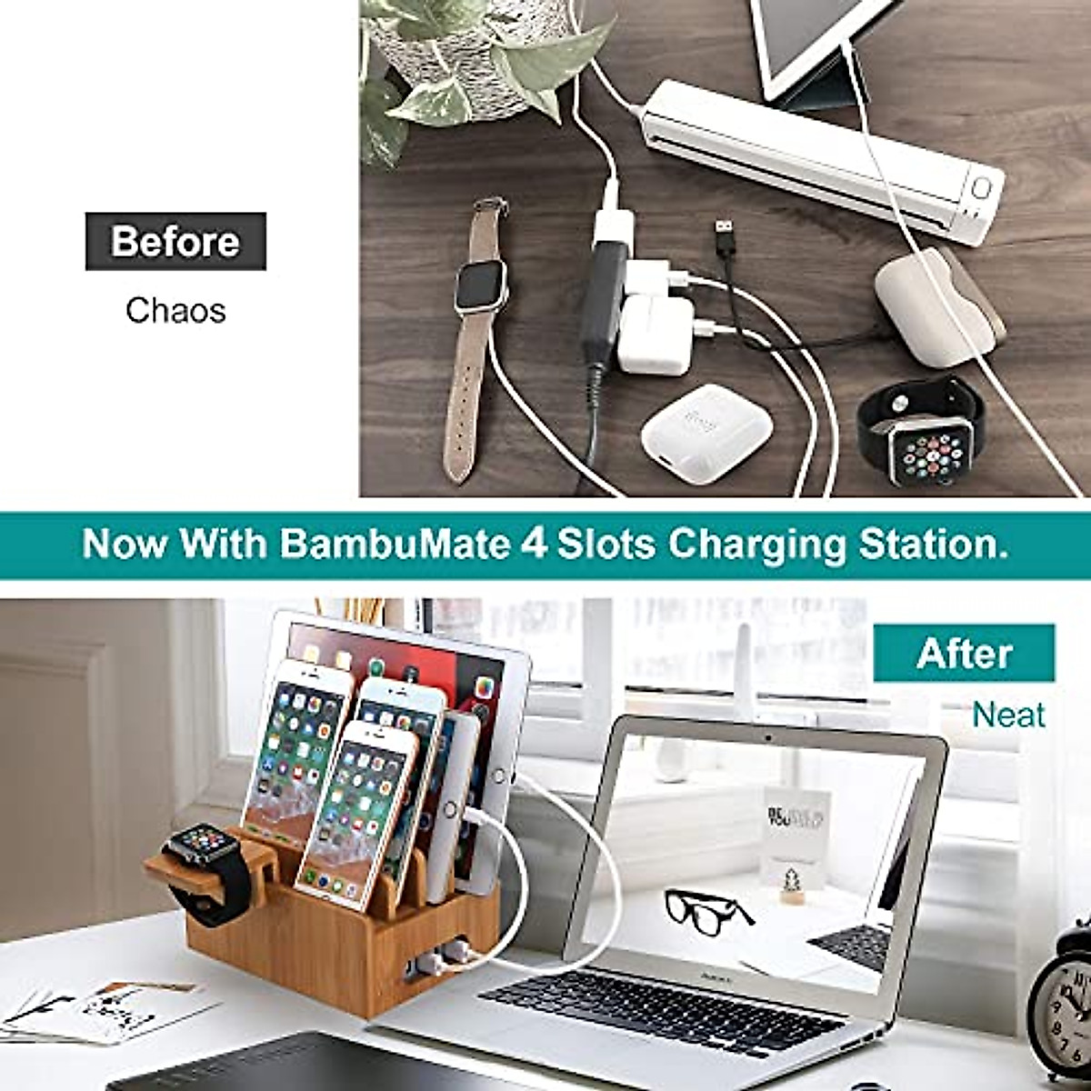 Bamboo Cell Phone Charging Station, Charger Organizer for Multiple Devices Compatible with Cell Phones, Watch, Tablet (with Watch Stand, 5 Port USB Charger, 6 Charger Cables) -BambuMate