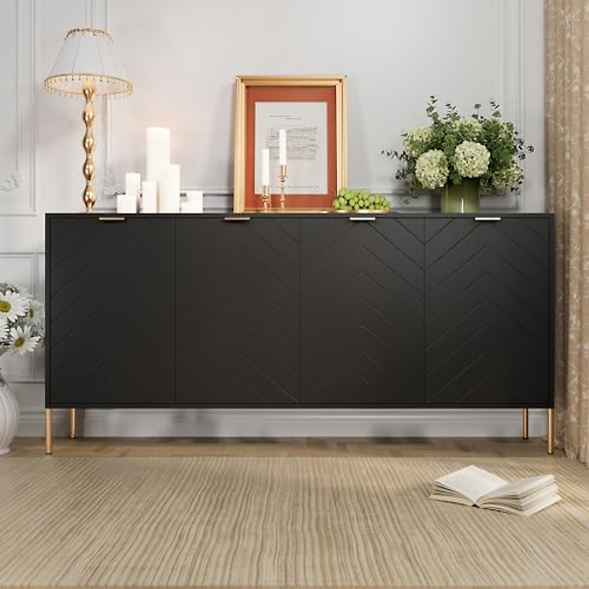 Clihome Storage Cabinet with 4 Doors，63 Inch Monden Accent Cabinet with Adjustable Shelf，Free-Standing Sideboard with Gold Legs for Hallway, Living Room, Black