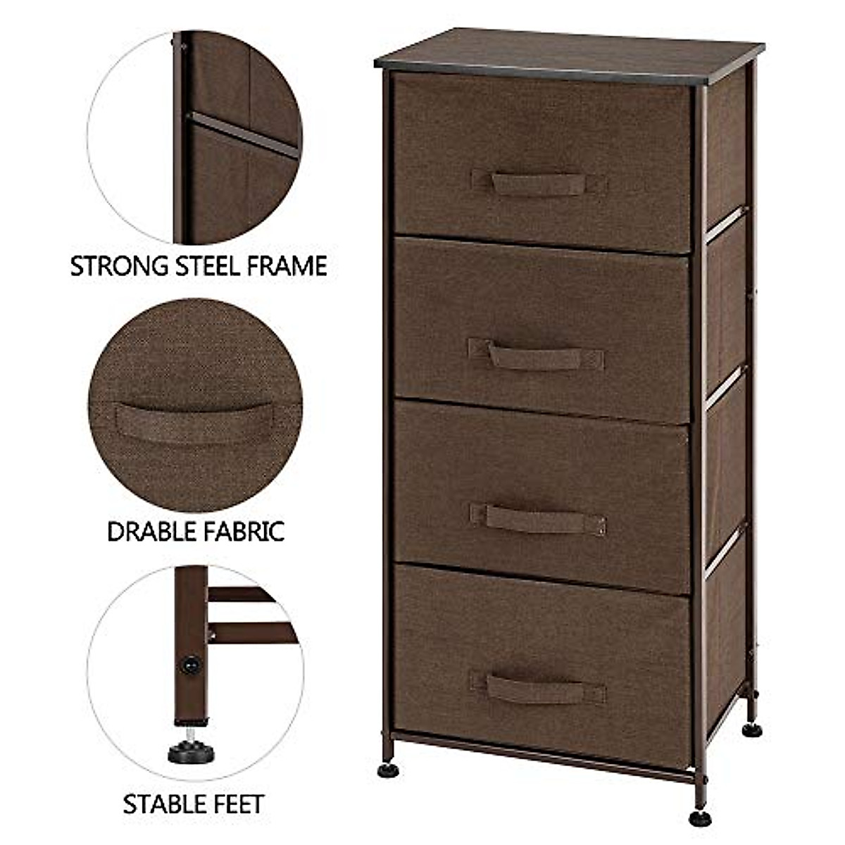 4-Tier Dresser Tower, Fabric Drawer Organizer with 4 Easy Pull Drawers with Metal Frame,Wooden Tabletop for Living Room (Brown)