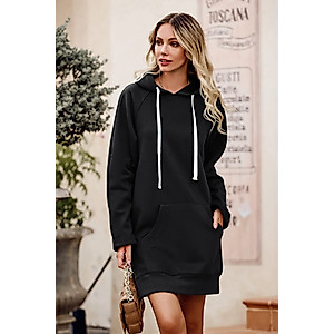 PRETTYGARDEN Women's Casual Pullover Sweatshirt Long Sleeve Split Hem Hoodie Dress with Kangaroo Pocket (Black,X-Large)