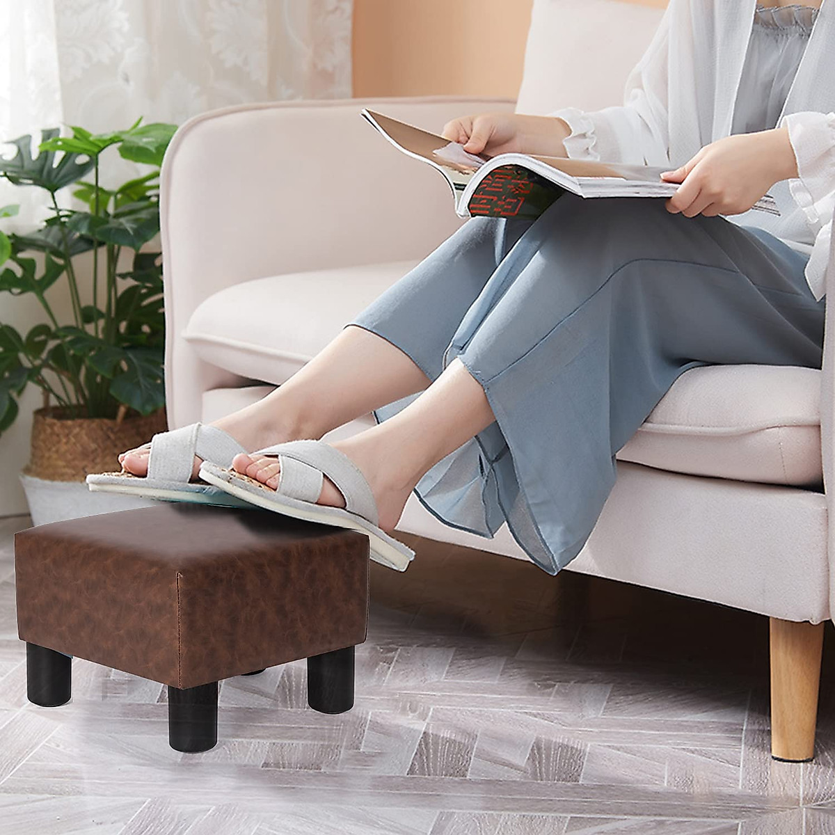 Joveco Small Footstool Ottoman, Faux Leather Square Ottoman Footrest with Non-Skid Plastic Legs, Modern Sofa Pets Step Stool for Couch Desk Office Living Room Bedroom (Brown)