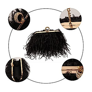Women Real Natural Ostrich Feather Evening Bags Purses Clutch Vintage Banquet Handbag (black)