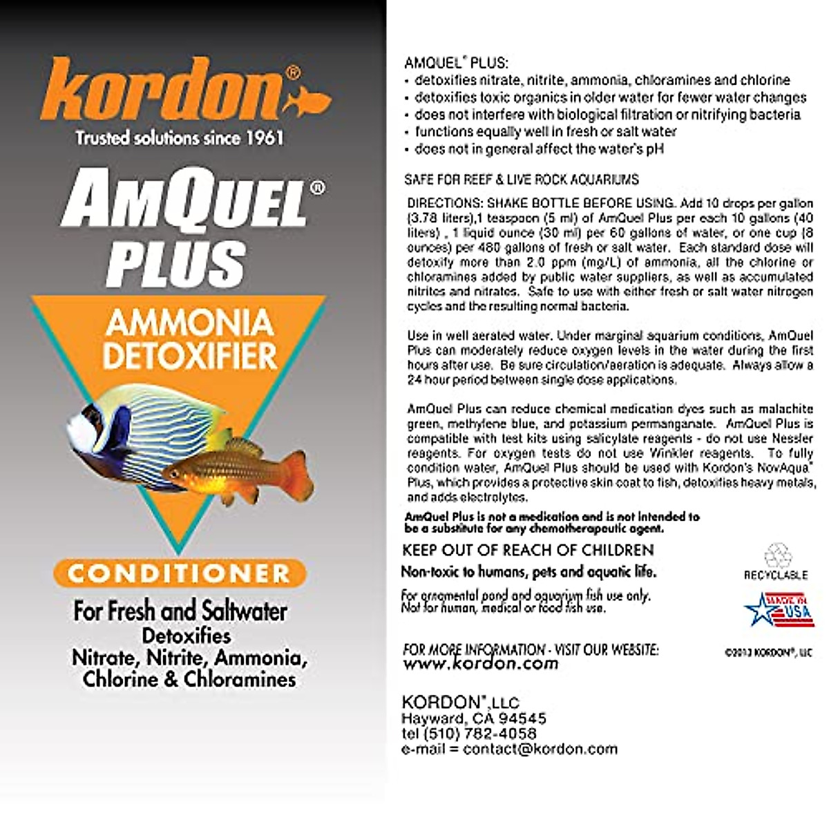 Kordon Amquel Plus Aquarium Water Conditioner - Instantly Detoxifies Ammonia, Nitrite, Nitrate, and Chlorine Remover for Freshwater & Saltwater Aquariums, 16 Ounces