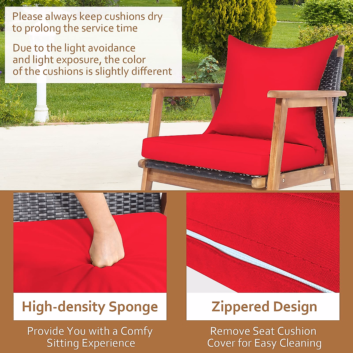 Tangkula 8-Piece Patio Furniture Set, Outdoor Acacia Wood Conversation Set with Cushions and Coffee Table, Outdoor PE Wicker Sectional Sofa Set for Garden, Poolside and Backyard (2, Red)