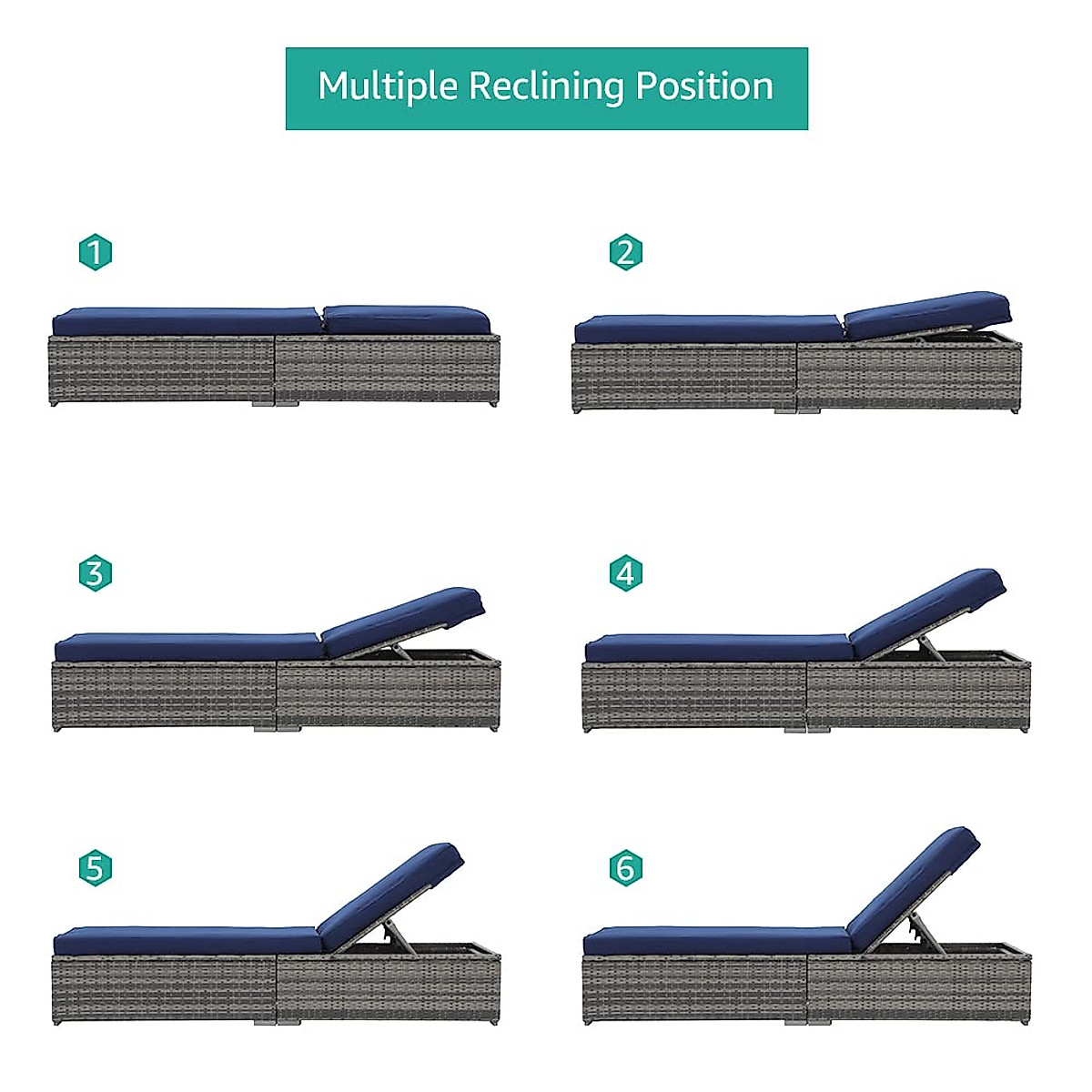 Patiorama Outdoor Patio Chaise Lounge Chair, Elegant Reclining Adjustable Pool Rattan Chaise Lounge Chair with Navy Blue Cushion, Grey PE Wicker, Steel Frame