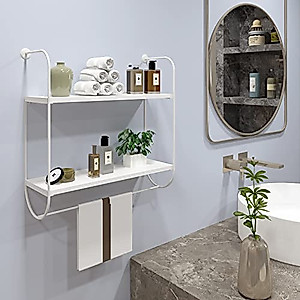 WELLAND 2-Tier Wall Mounted Bathroom Shelf with Towel Rack, 17" White Floating Shelves Towel Shelves Over Toilet Storage Shelving for Bathroom, Living Room, Kitchen