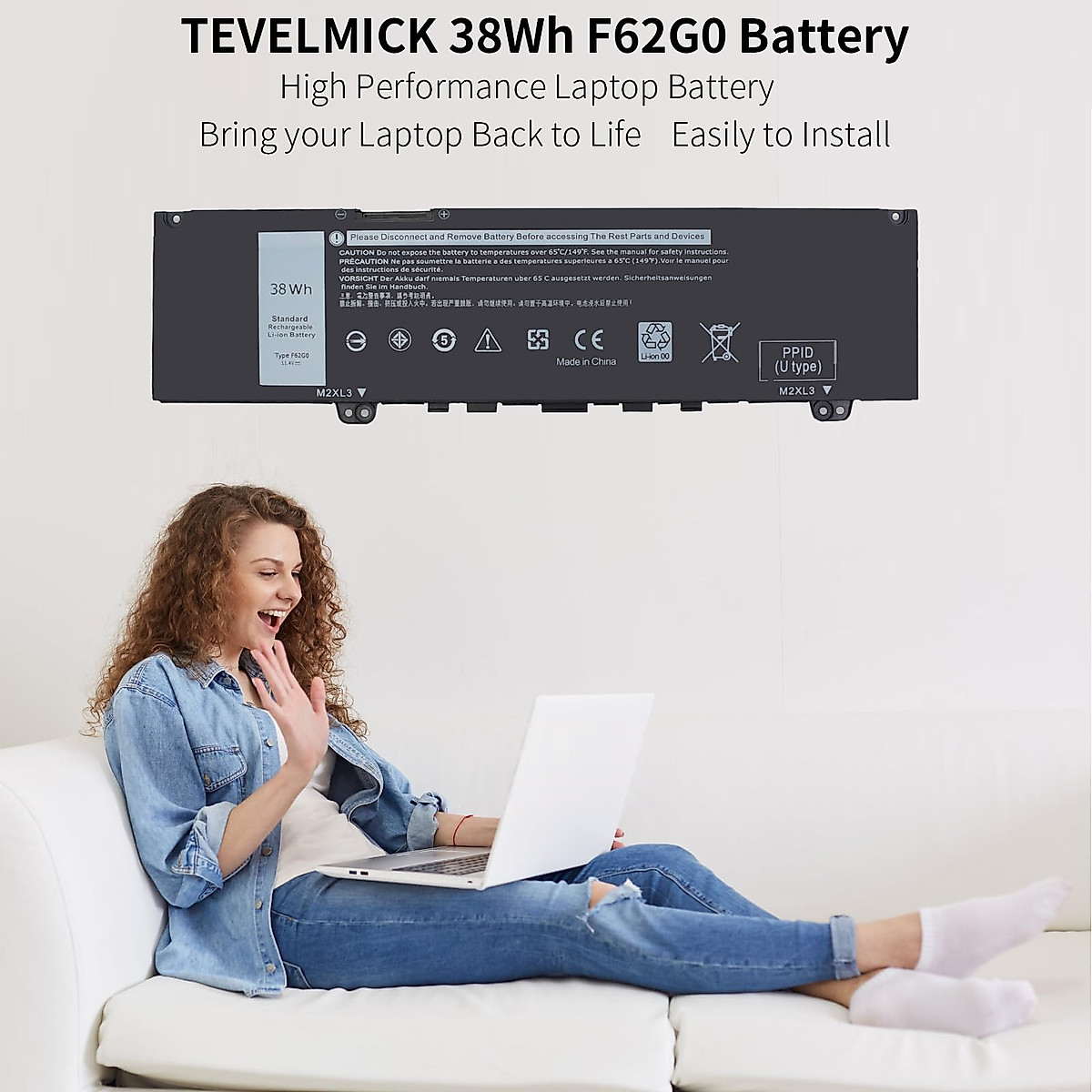 38Wh F62G0 Battery for Dell Inspiron 13 7000 2-in-1 Series 7373 7370 7380 7386 5370 039DY5 P83G P83G001 P83G002 P87G P87G001 P91G P91G001 39DY5 0RPJC3 RPJC3 CHA01 F62GO Laptop Replacement Vostro 5370