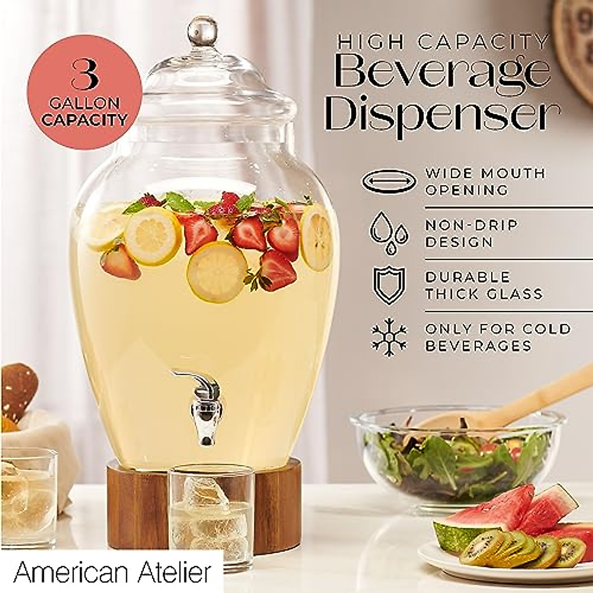 American Atelier Madera Beverage Dispenser Cold Drink Dispenser w/ 3-Gallon Capacity Glass Jug, Leak-Proof Acrylic Spigot in Gorgeous Gift Box Great for Parties, Weddings & More