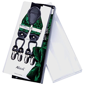 Alizeal Mens Paisley Suspender and Bowtie, Hanky, Cufflinks-Dark Green