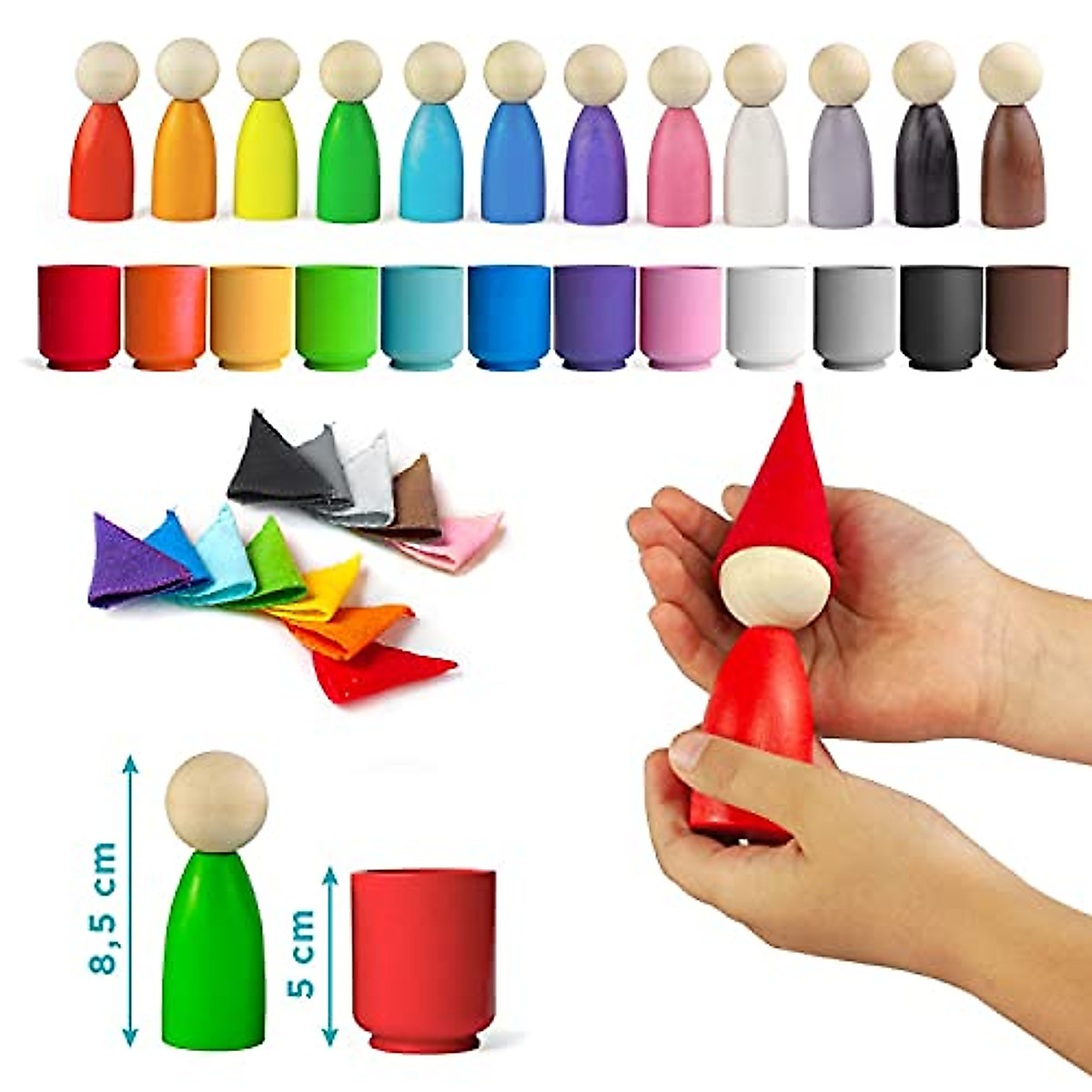 Ulanik Large Peg Dolls in Cups with Hats Toddler Montessori Toys for 3 Year Old + Wooden Waldorf Dolls for Learning Color Sorting and Counting — 12 Gnomes