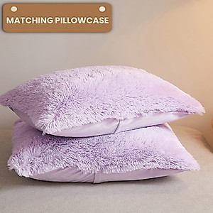 MEGO Luxury Shaggy Plush Duvet Cover Set, Soft 3 Pieces Fluffy Faux Fur Comforter Cover Set, Fuzzy Bedding Set Lavender Lilac(1 Furry Duvet Cover + 2 Pillow Shams), Zipper Closure(Queen, Orchid)