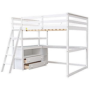 MERITLINE Full Size Loft Bed with Desk and Shelves, Wooden Loft Bed Full with Storage Drawers for Kids Teens Boys Girls,No Box Spring Needed (Full, White)