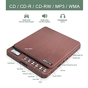 Portable CD Player with Bluetooth and FM Transmitter 2000mAh Rechargeable Car Bluetooth CD Player Portable with Speakers Dual Headphones Jack Anti-Skip CD Player for Car Home Adults Kids