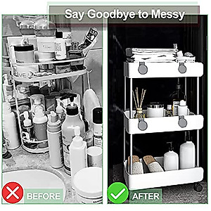 Slim Storage Cart, 3 Tier Mobile Shelving Unit Organizer, Slide Out Rolling Utility Cart Shelf Rack for Kitchen Bathroom Laundry Room Narrow Places, Plastic & Stainless Steel, White