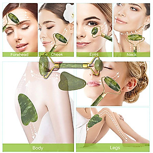 Dsenfurn Gua Sha Facial Tools Set and Jade Roller for Face, Jade Roller, 100% Real Natural Stone Beauty Jade Facial Roller Massage Tool for Face Eyes Neck Body – Anti Aging Beauty Treatment