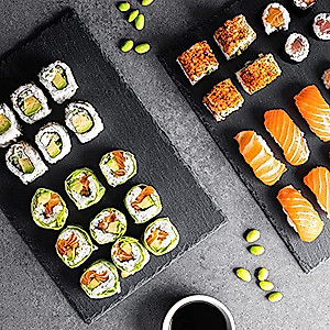 MAPRIAL Slate Cheese Boards, 6 Pack 9 x 6” Slate Plates Black Mini Charcuterie Boards Serving Tray Stone Plates Display Chalkboard with Soapstone Chalks for Sushi, Meats, Cheese, Cake, Appetizers