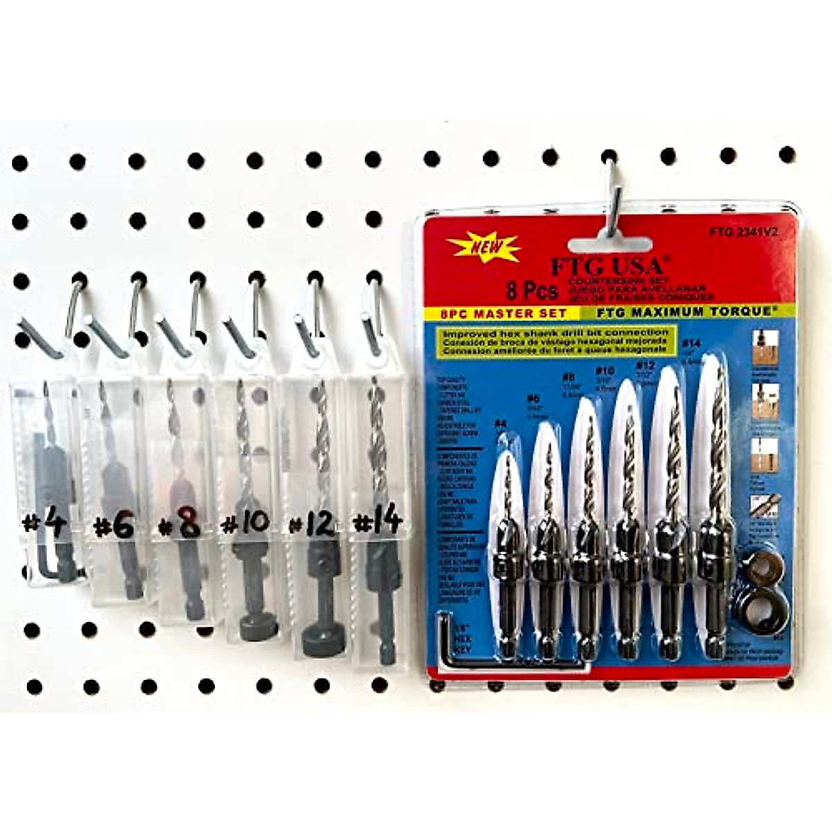 FTG USA Wood Countersink Drill Bit Set 6 Sizes Set Countersink HSS M2 Tapered Drill Bits, Quick Change Hex Shank Countersink bit, with 6 Storage Containers, 2 Stop Collars, 1 Allen Wrench