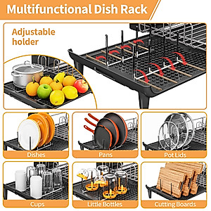 TOOLF Expandable Dish Drying Rack - Extendable Dish Rack for Kitchen Counter, Large Collapsible Countertop Dish Drainer with Pan & Pot Holder, Stainless Steel Dish Strainer with Cup & Utensil Holder