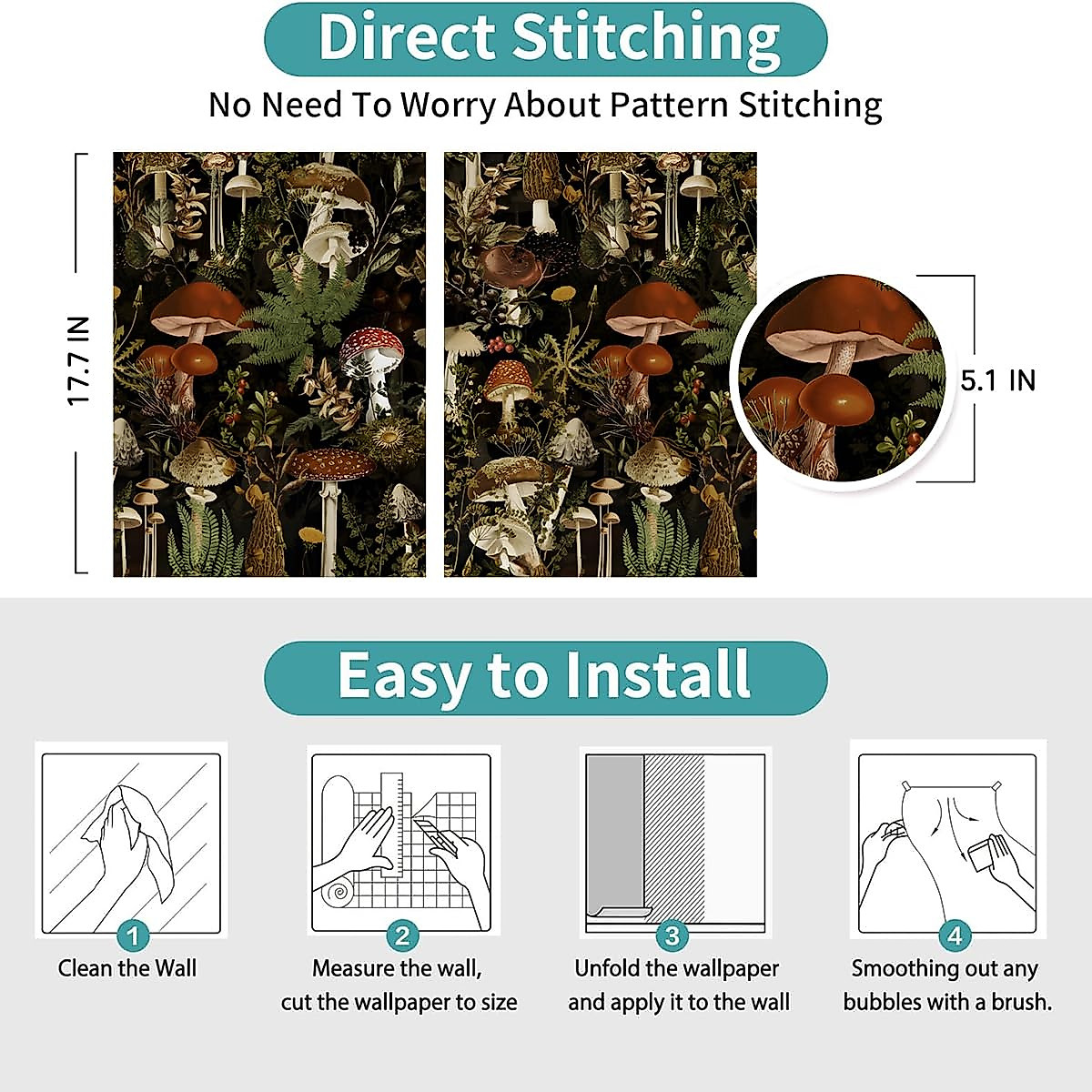 Jeweluck Floral Peel and Stick Wallpaper Mushroom Contact Paper 17.7 in x 9.8 ft Flower Removable Wallpaper Peel and Stick Forest Wallpaper Stick on Wallpaper for Bathroom Black Decorative Vinyl