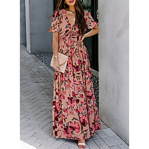BLENCOT Women's Casual Boho Floral Printed Deep V Neck Loose Short Sleeve Long Evening Dress Ruched Cocktail Party Maxi Wedding Dress Red X-Large