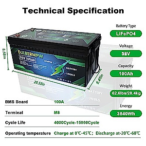 DJLBERMPW 36V 100Ah LiFePO4 Battery 36V Golf Cart Battery Bluetooth, Built-in 100A BMS,8000+ Deep Cycle Battery,36V Club Car Golf Cart Battery 3840Wh, 36V Lithium Battery for Marine,Off Grid,RV,Solar
